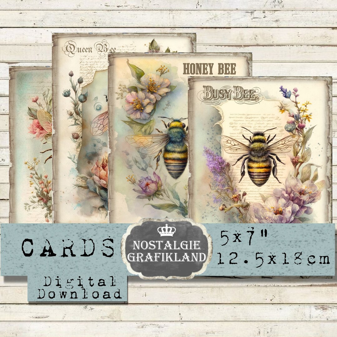 Bees Digital Honey Bee Printable Vintage Cards Queen Bee Journaling 5x7 ...