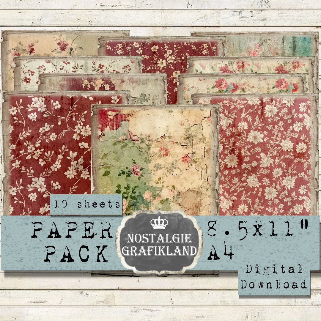 RED DISTRESSED Digital Papers Printable Paper Pack Floral Papers ...