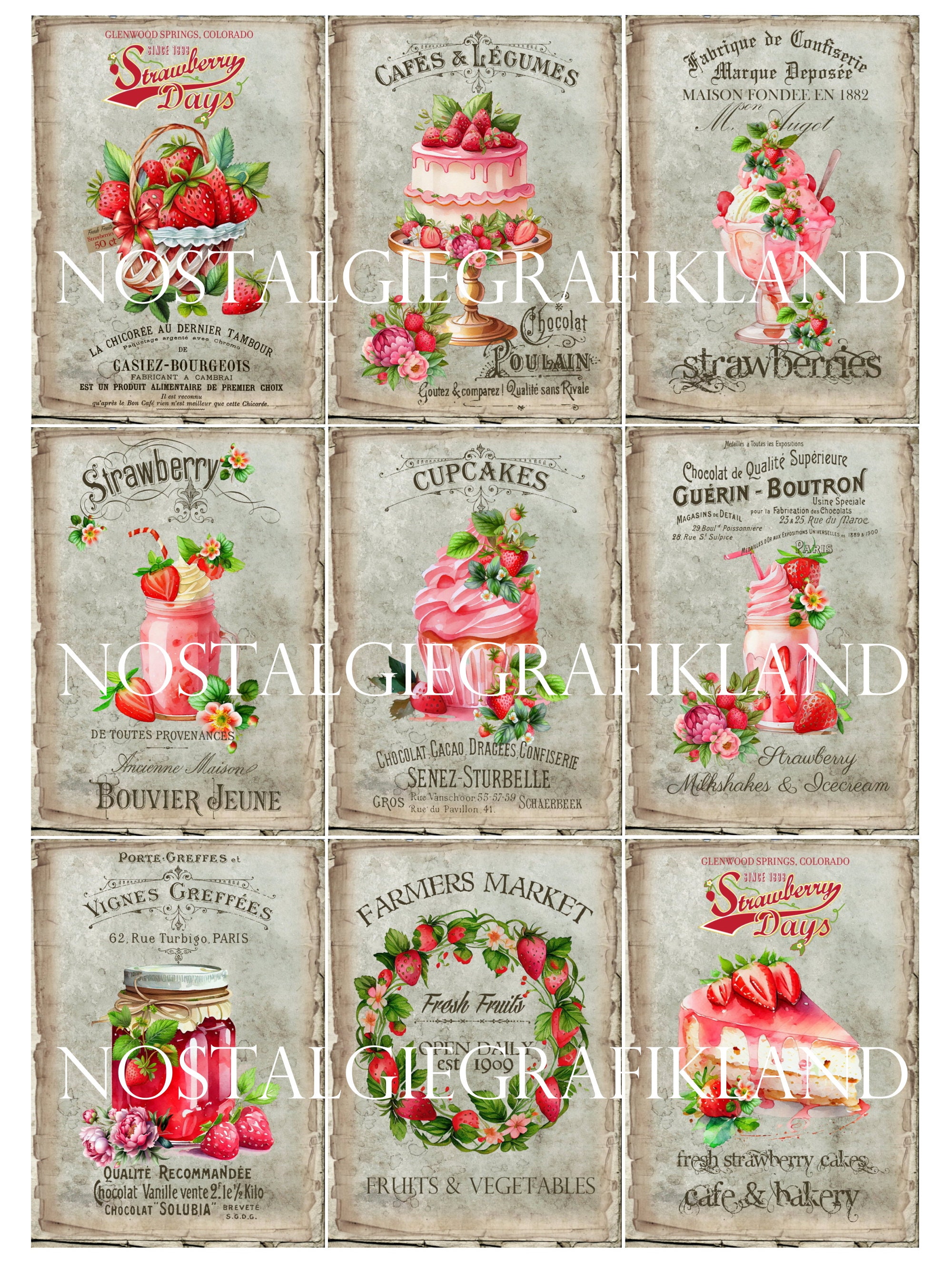 Strawberries Icecream Confiture Cake Fruits Berries Printable Vintage ...