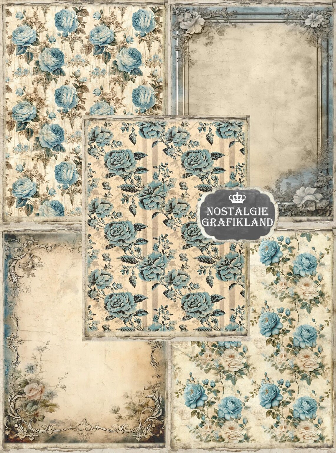 DISTRESSED BLUE FLORAL Digital Papers Printable Paper Pack Faded ...