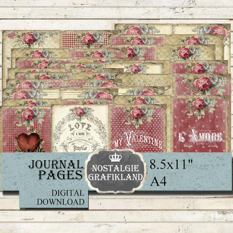 VALENTINE Digital Journal Pages Valentines Day Love Hearts Ephemera ...