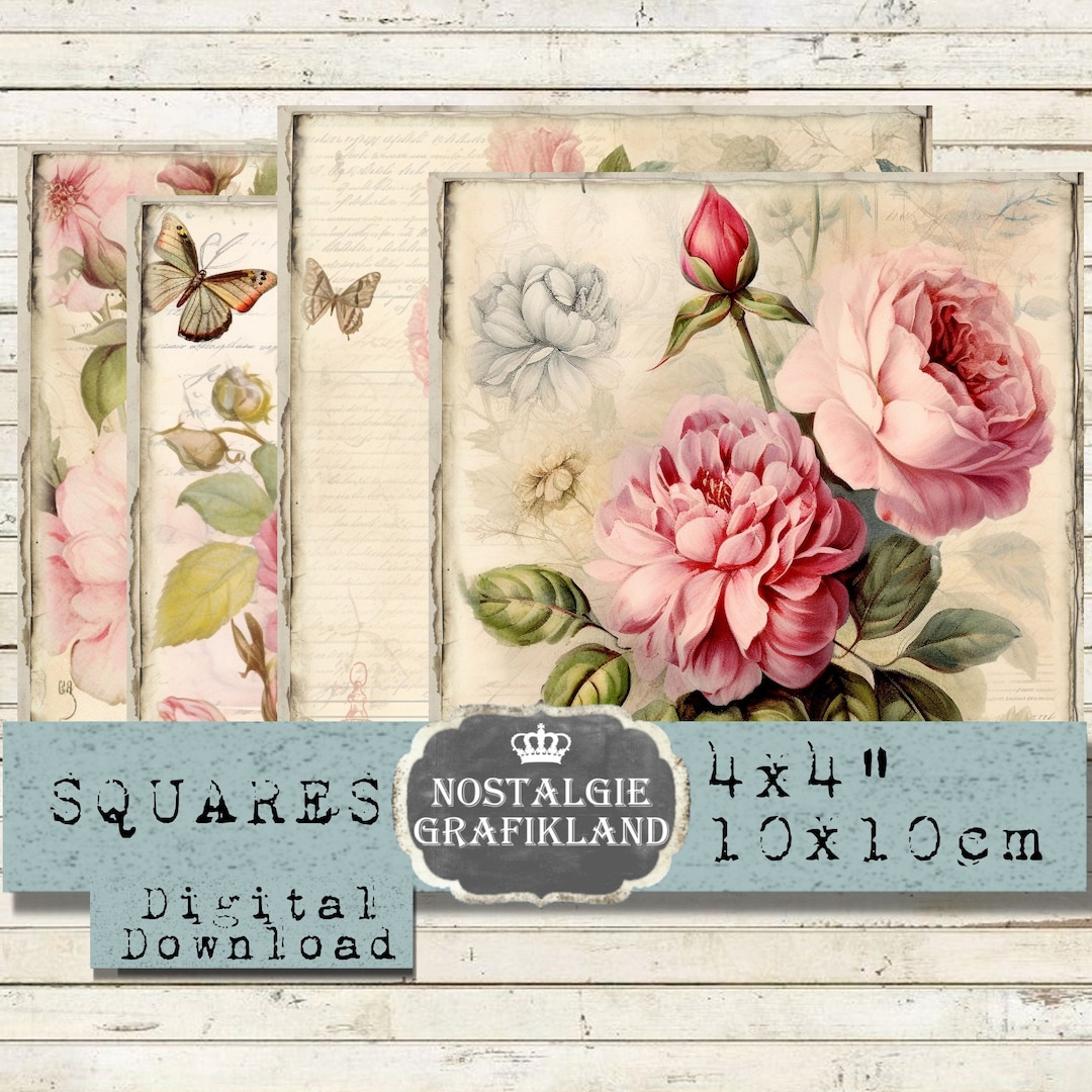 Roses Squares Printable Shabby Chic Coaster Squares Tiles 4x4 Inch ...