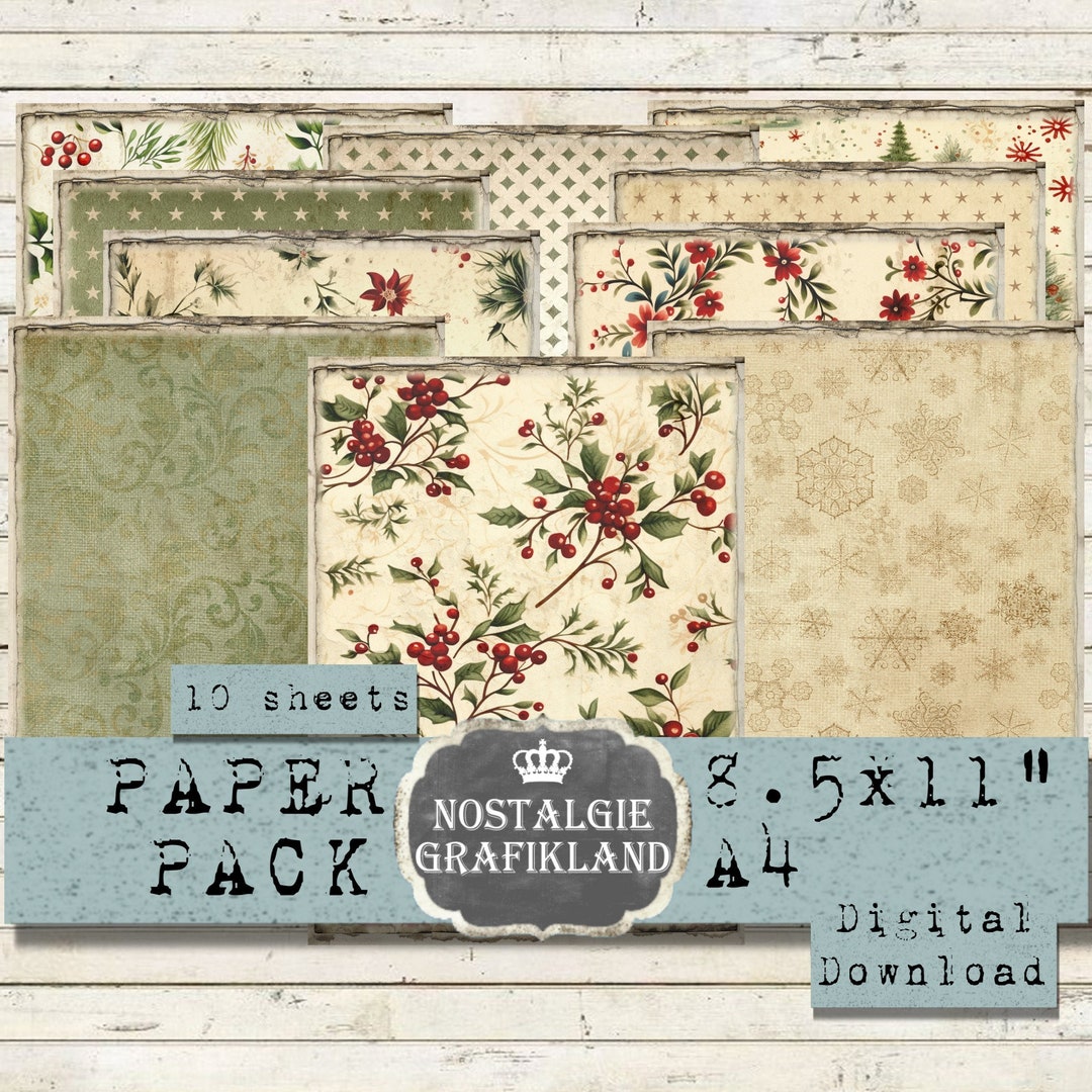 CHRISTMAS Background Printable Red Green Paper Pack Vintage Prints X ...