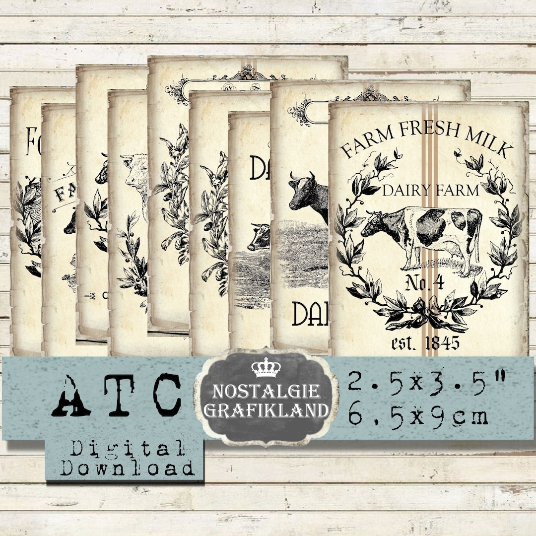 Farm Fresh Milk Cow Vache Ferme Printable Farm Prints Rustic ATC ...