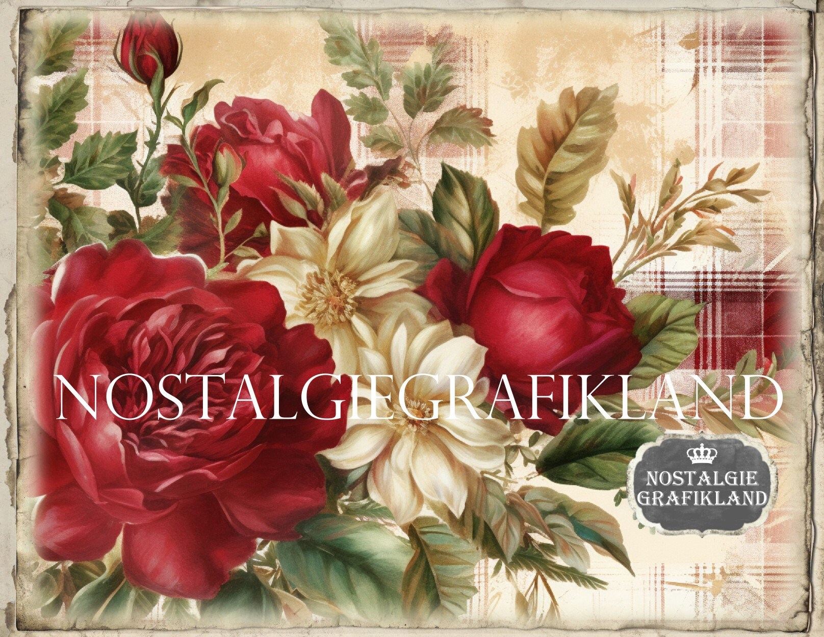 RED ROSES Papers Printable Landscape Horizontal Shabby Roses Scrapbook ...