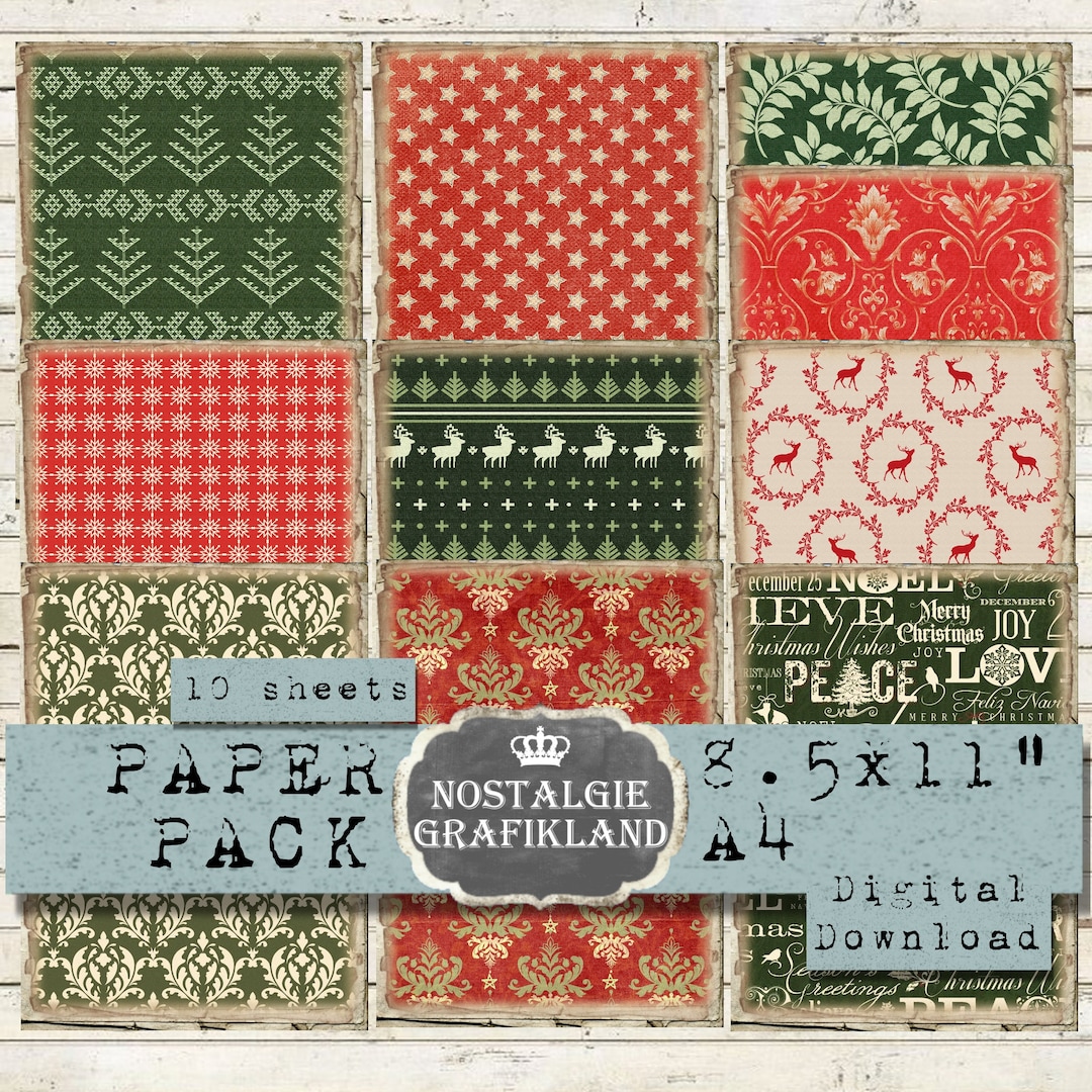 CHRISTMAS Background Printable Papers Ephemera Red Green Digital Paper ...
