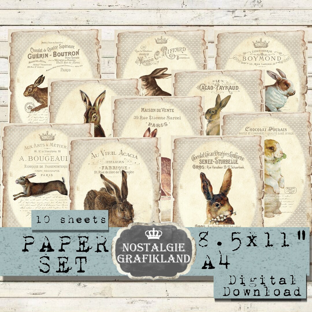 Rabbits Printable Papers French Hare Easter Bunnies Vintage Journaling ...