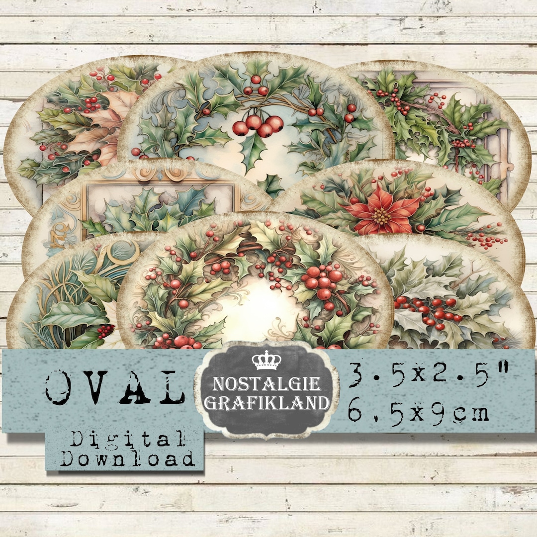 Christmas Labels Wreath Oval Shabby Chic Printable Ovals 3.5x2.5 ...