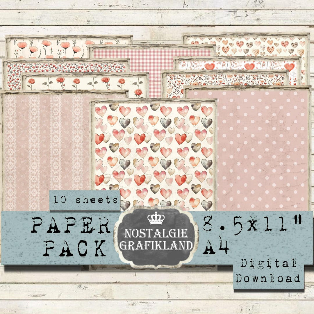 VALENTINES DAY Digital Valentine Pink Paper Pack Printable Love Red ...