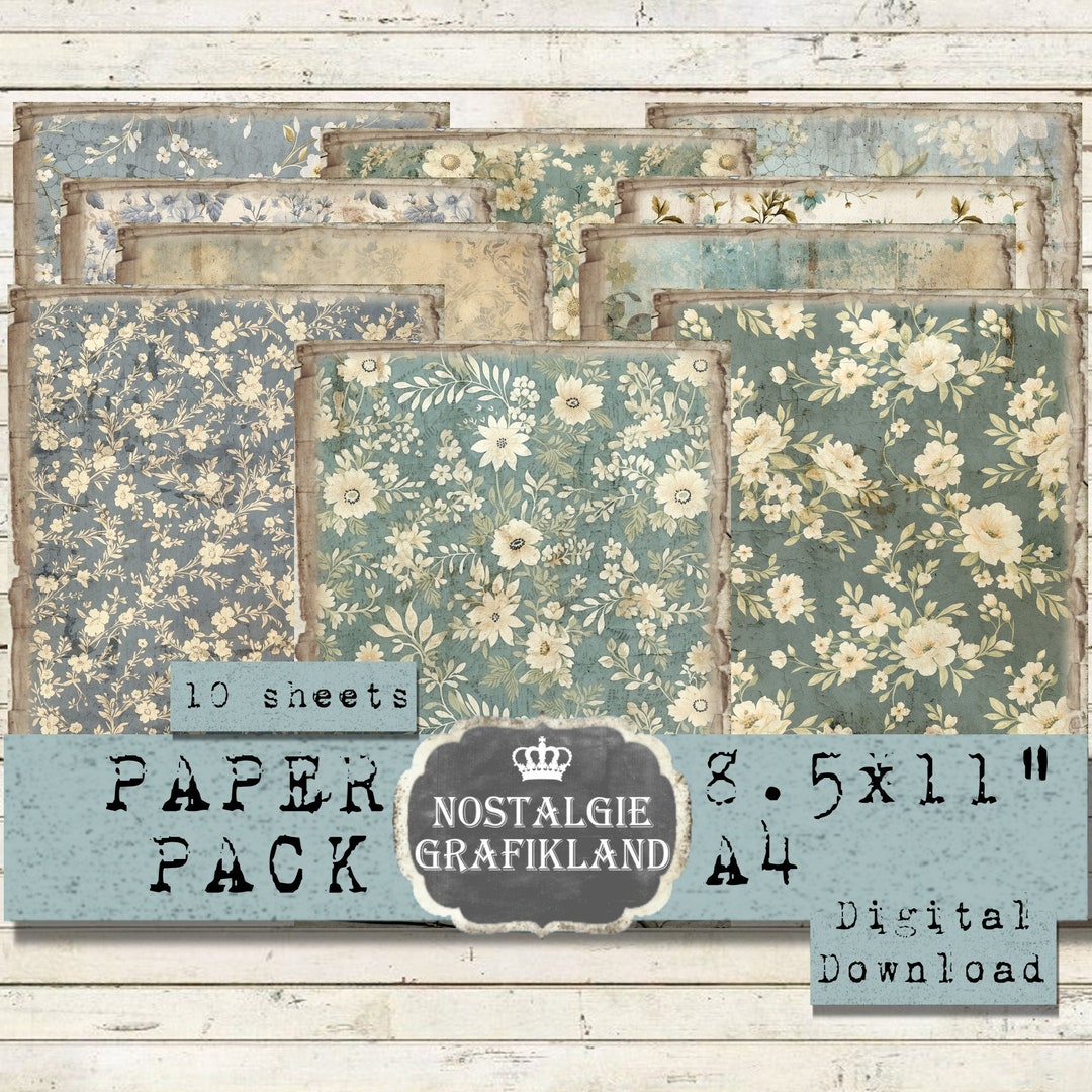 BLUE DISTRESSED Digital Papers Printable Paper Pack Floral Papers ...