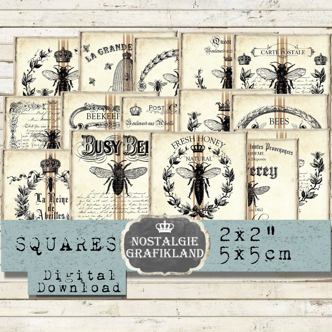 Bees Squares Digital Honey Bee Queen Bee Country Abeille 2x2 Inch ...
