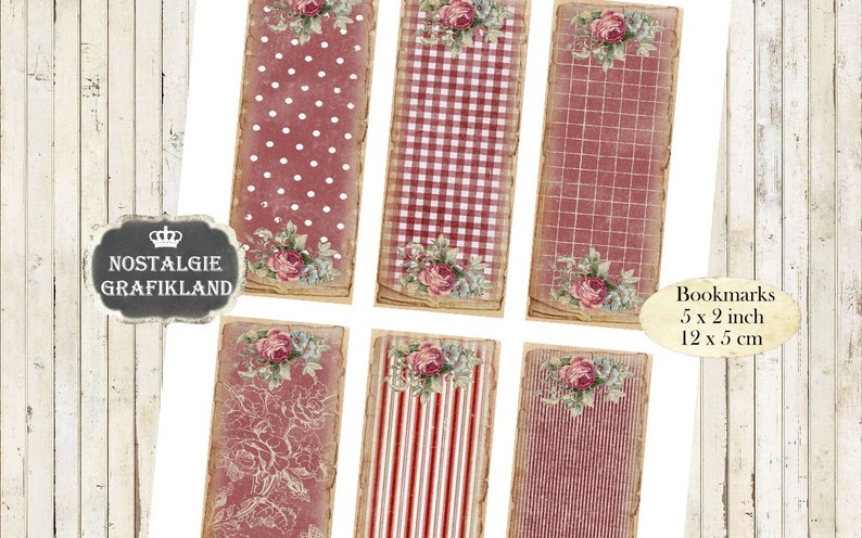 Red Bookmarks printable Shabby Chic Checkered Striped Vintage | Etsy