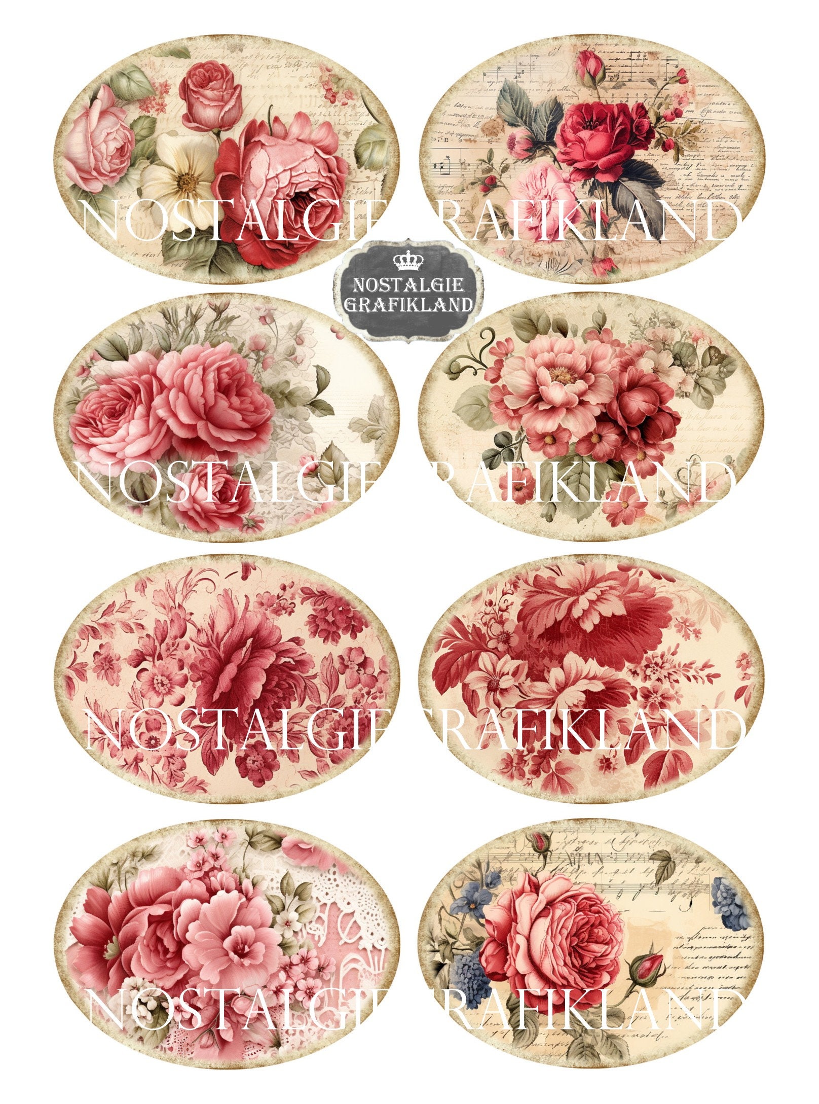 Roses Labels Printable Oval Vintage Flowers Floral Label 3.5x2.5 ...