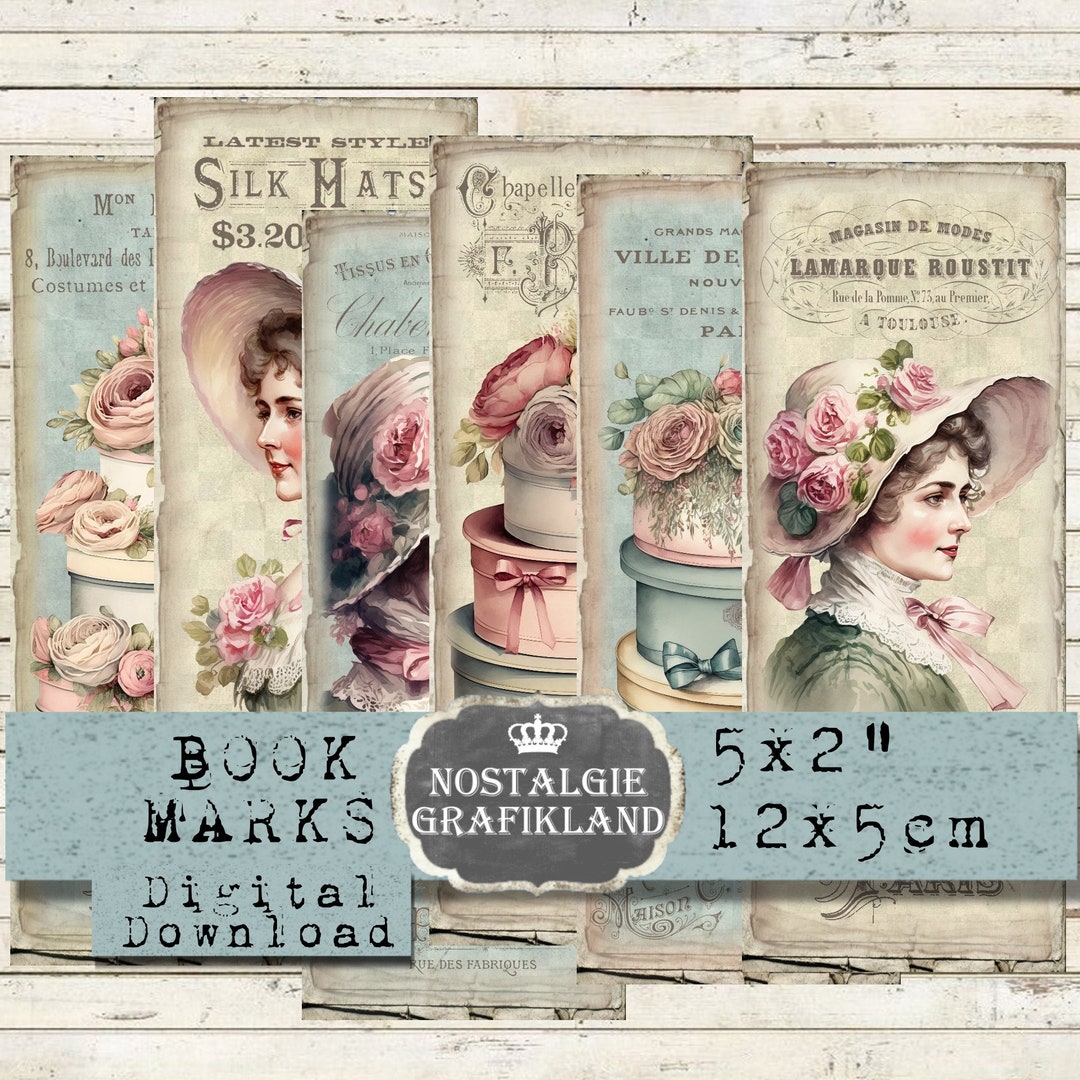 French Ladies Bookmarks Printable Shabby Bookmark Hat Boxes Roses ...