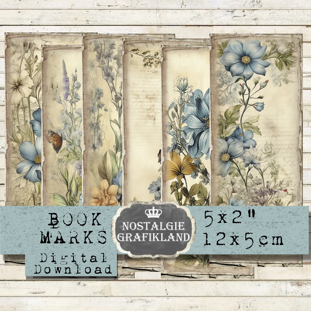 Blue Flowers Bookmarks Printable Shabby Chic Bookmark Floral Journaling ...