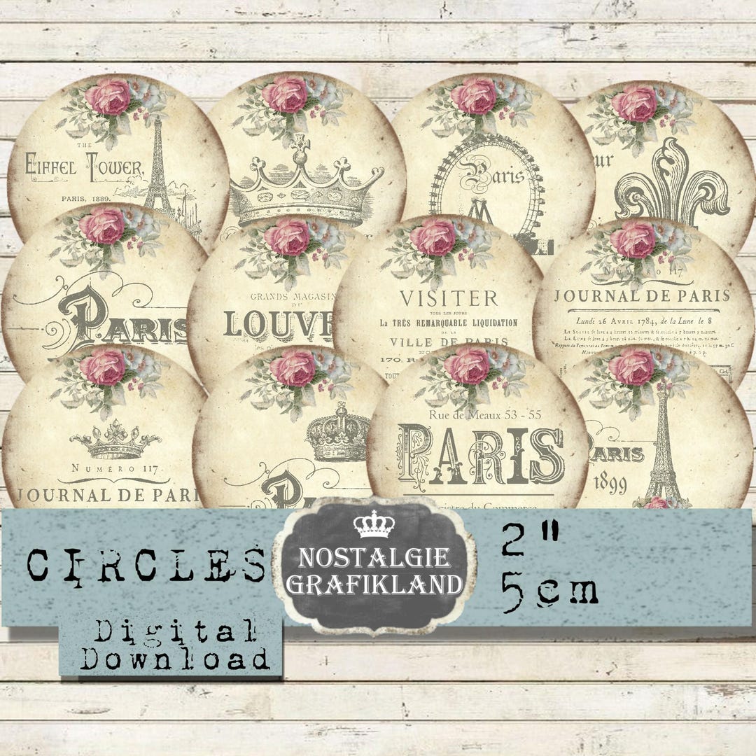 Paris French Eiffel Tower Circles 2 Inch France Shabby Chic Printable ...