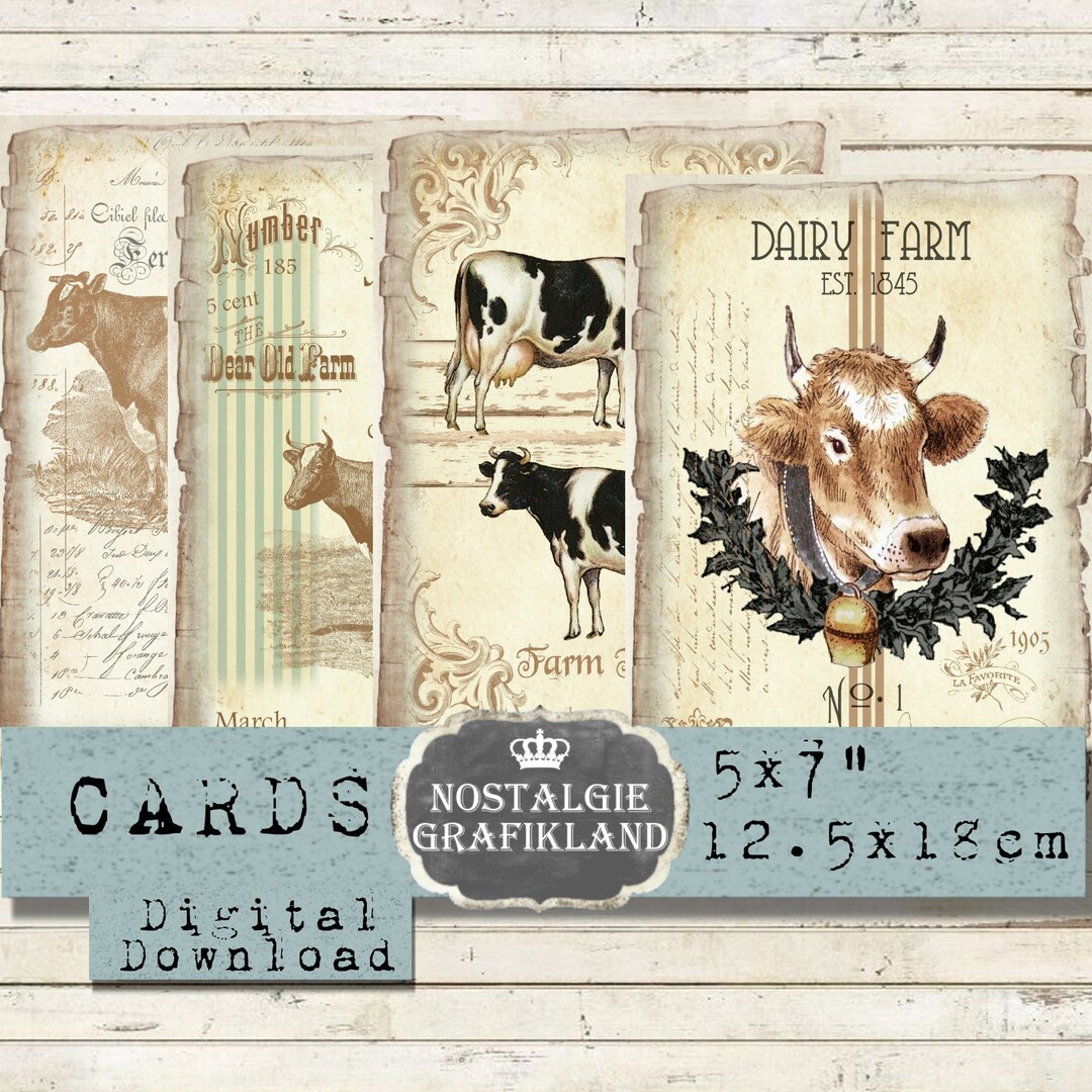 Farm Digital Cards Cow Farming Papers Printable Agriculture Vintage ...