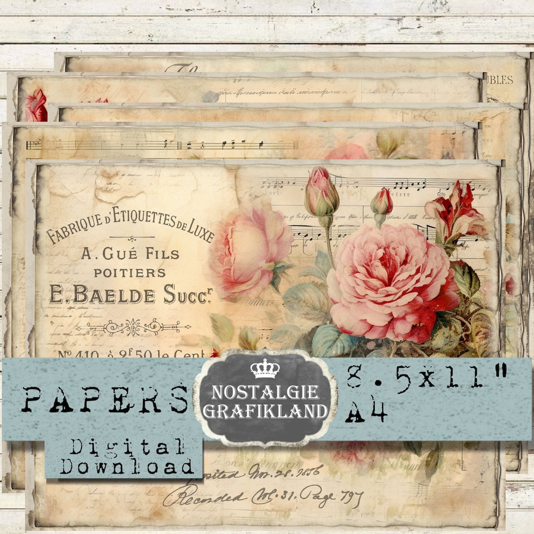 FRENCH ROSES Printable Landscape Papers Pack Pack Horizontal Scrapbook ...