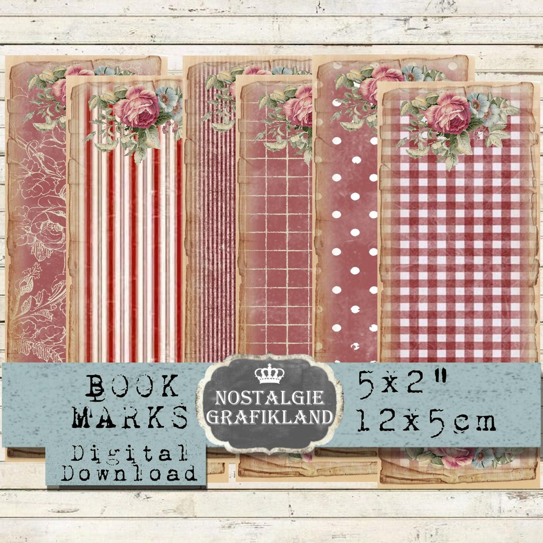 Red Bookmarks Printable Shabby Chic Checkered Striped Vintage Paper ...