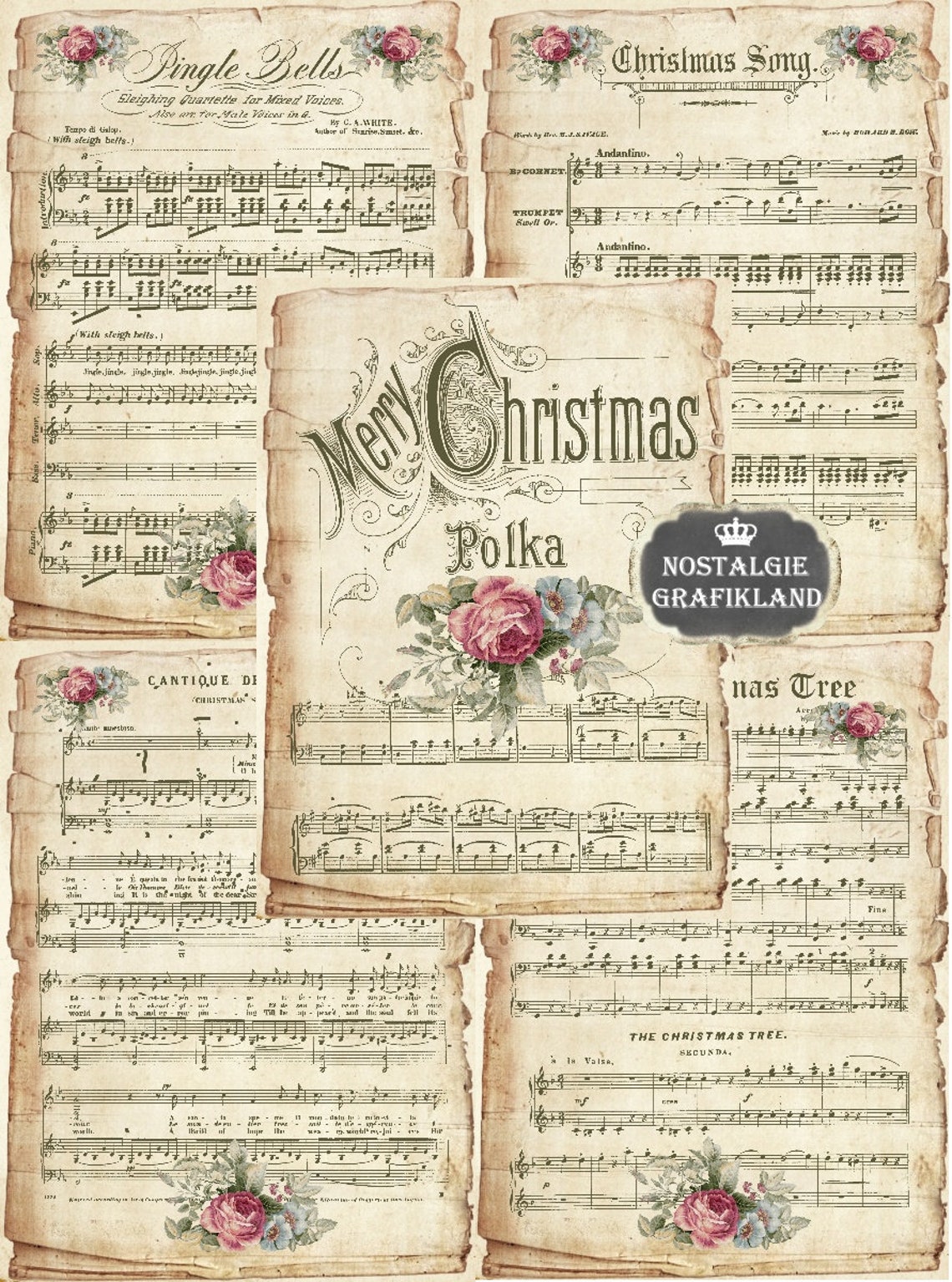 CHRISTMAS Music Sheets Printable Paper Pack Digital Notes Journaling ...