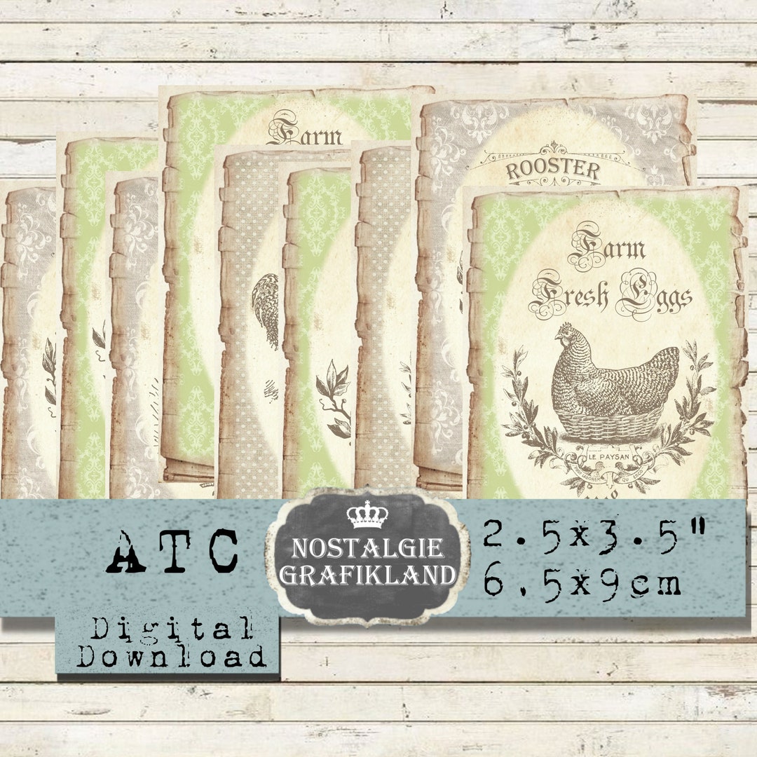 Farm Printable Rooster Digital Hen Eggs Chicken ATC Cards Poulet Le Coq ...
