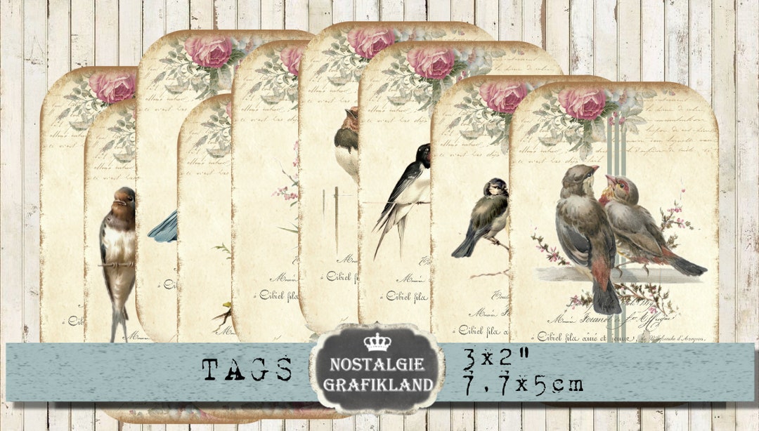Birds Printable Shabby Chic Tags Swallows Blackbird Oiseau - Etsy
