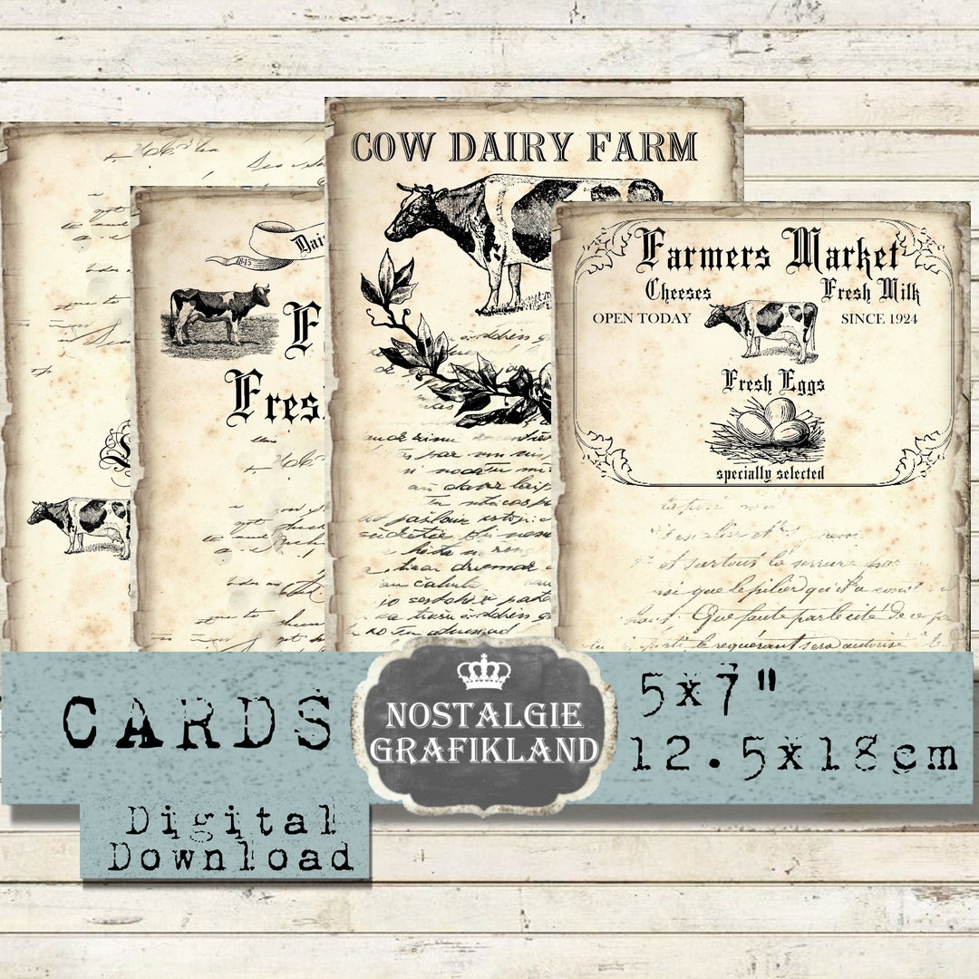 Farm Digital Cards Farming Papers Printable Vintage Cow Farmers Market ...
