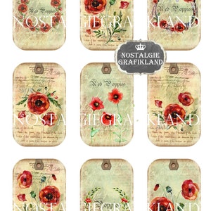 Red Poppies Tags Printable Red Flowers Vintage Poppy Download Digital ...