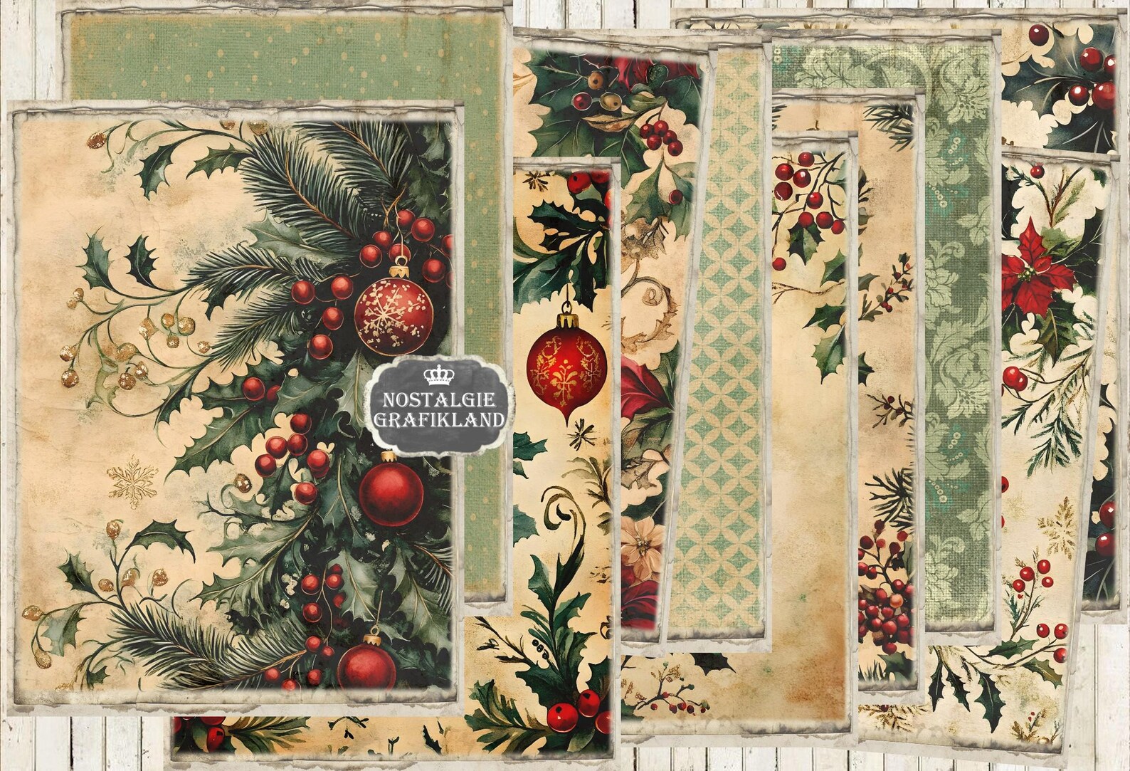 CHRISTMAS TRADITIONAL Beige Green Poinsettia Background Printable Paper ...
