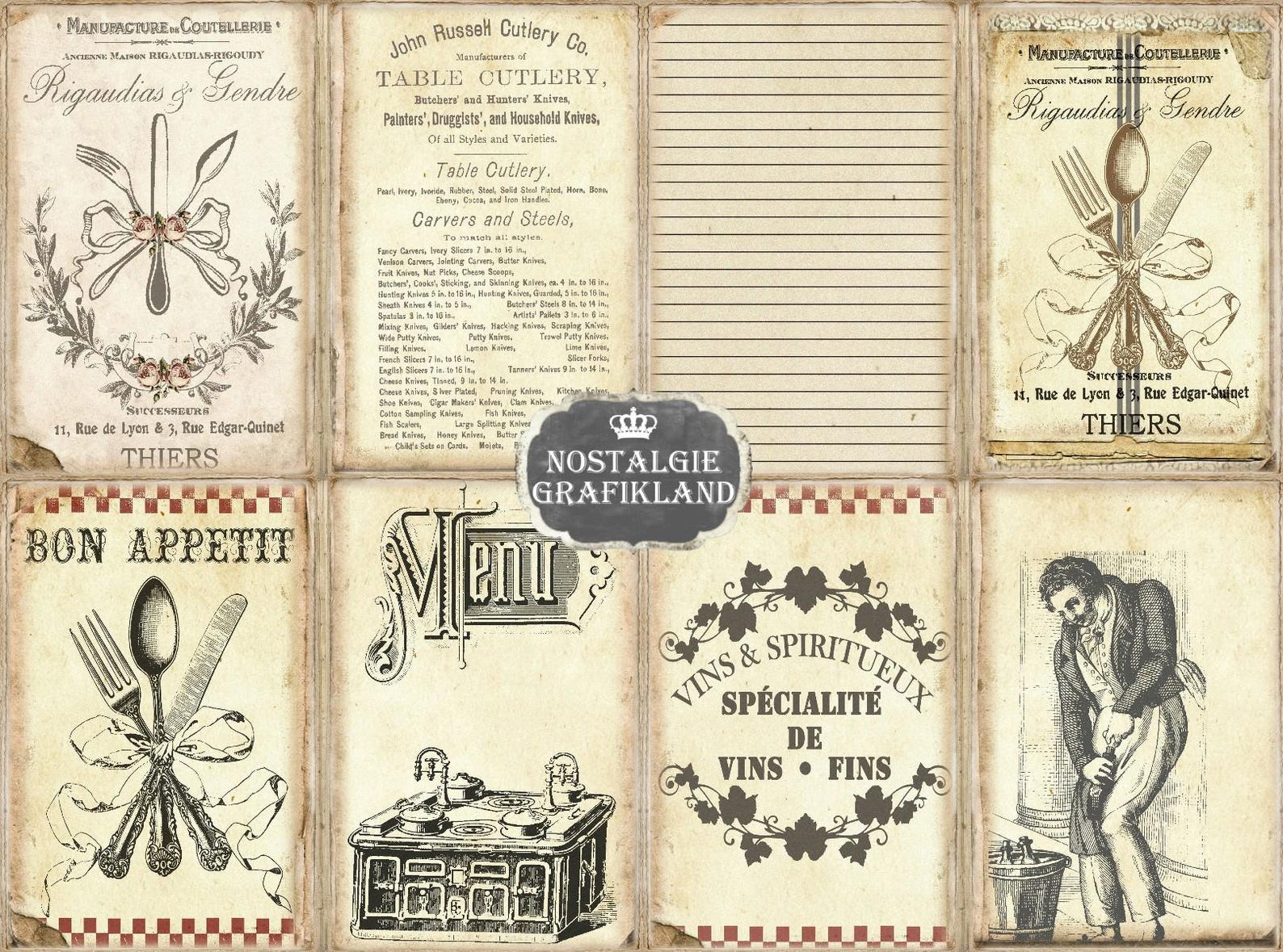 FRENCH BON APPETIT Journal Pages Printable Cooking Menu Dinner Cutlery ...