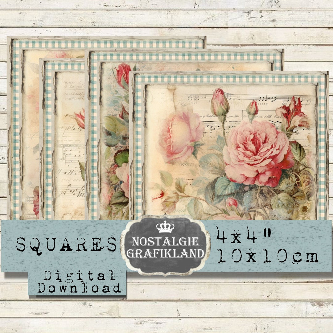 Distressed Roses Squares Coaster Printable Shabby Chic Tiles 4x4 ...