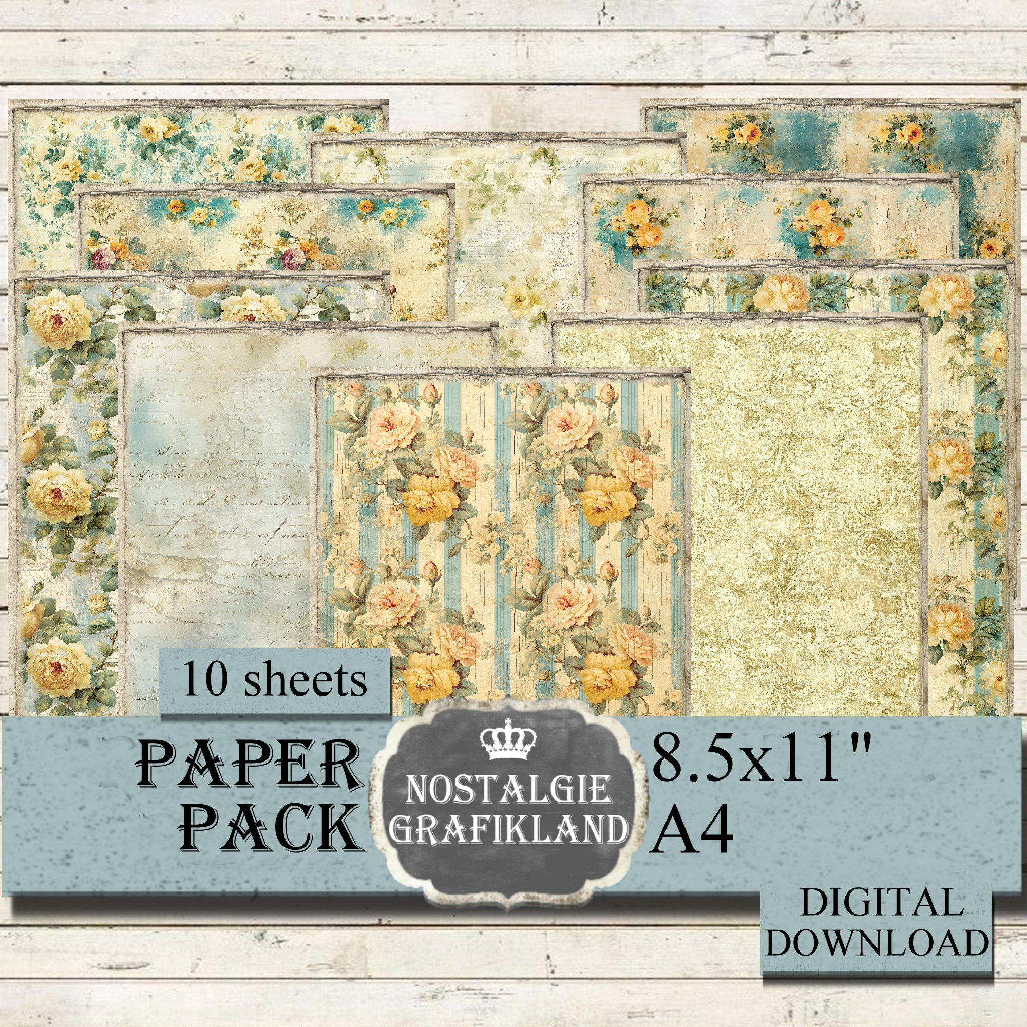 DISTRESSED YELLOW FLORAL Digital Papers Printable Paper Pack Faded ...