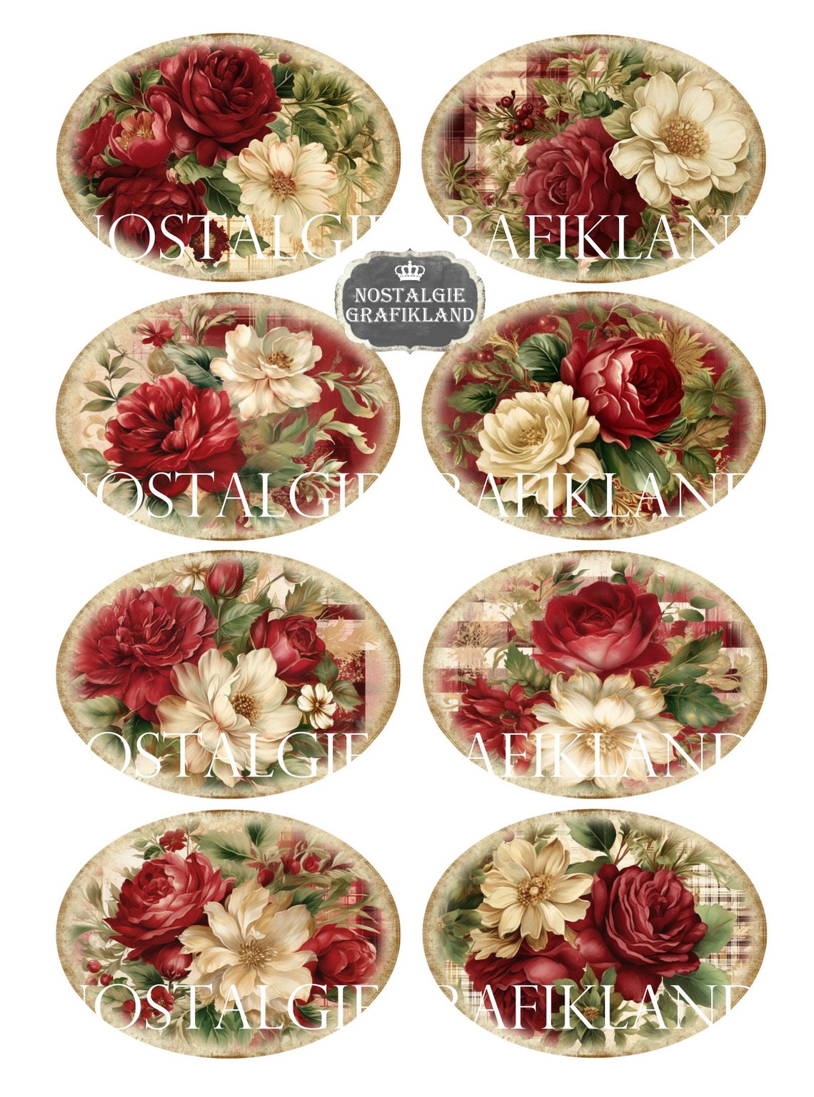 Red Roses Oval Printable Labels Christmas Rose 3.5x2.5 Inch Download ...
