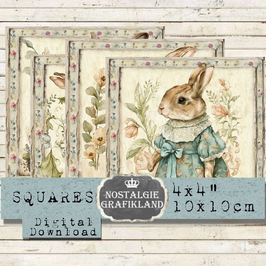 Rabbits Squares Printable Bunnies Easter Shabby Coaster 4x4 Download ...