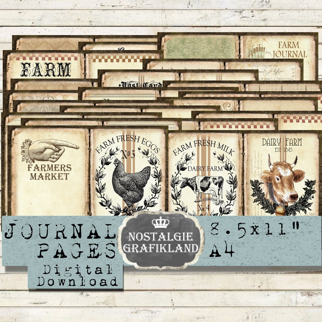 FARM Journal Pages Cow Rooster Fresh Milk & Eggs Book Farmhouse Vintage ...