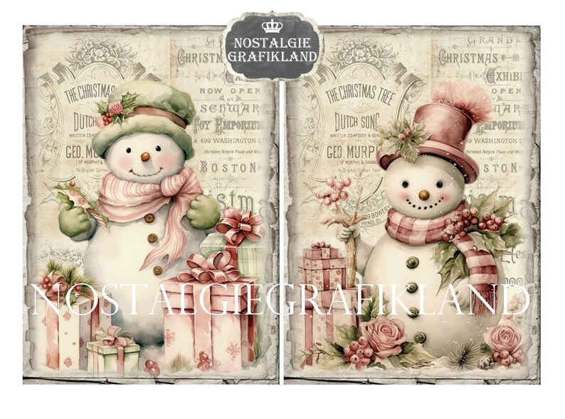 Winter Snowman Pink Snowmen Cards Shabby Chic Snow Flakes Papers ...
