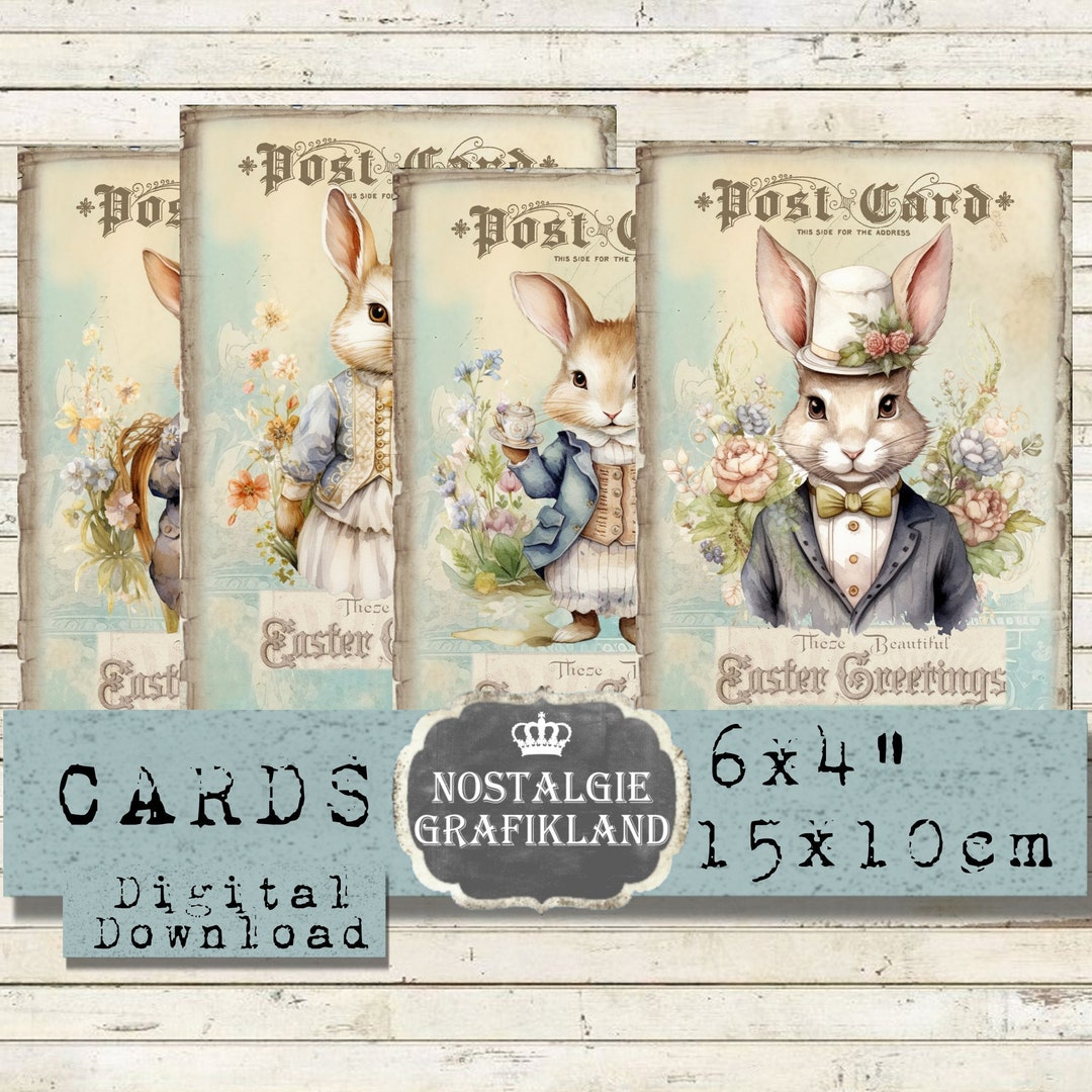 Easter Rabbits Postcards Printable Bunnies Digital Bunny Cards Happy ...