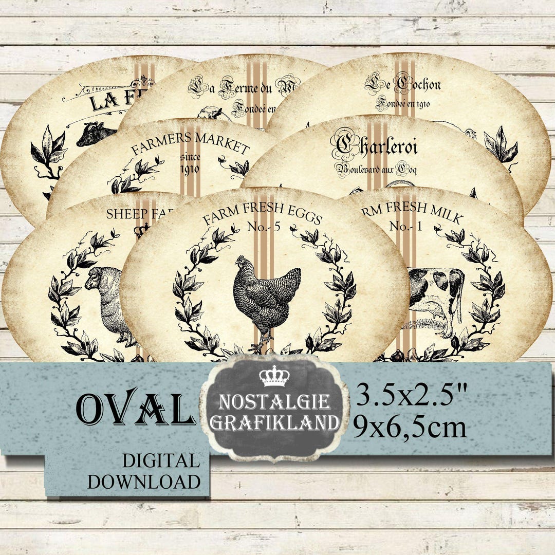 Farm Printable Ovals Farming Fresh Milk Cow Rooster Sheep Pig Country 3 ...