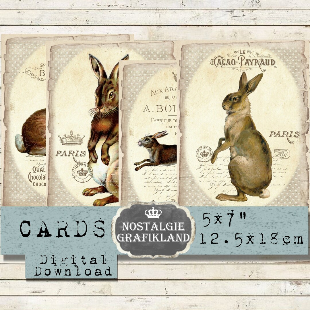 Rabbits Vintage Papers Easter Printable Vintage Cards Journal 5x7 Inch ...