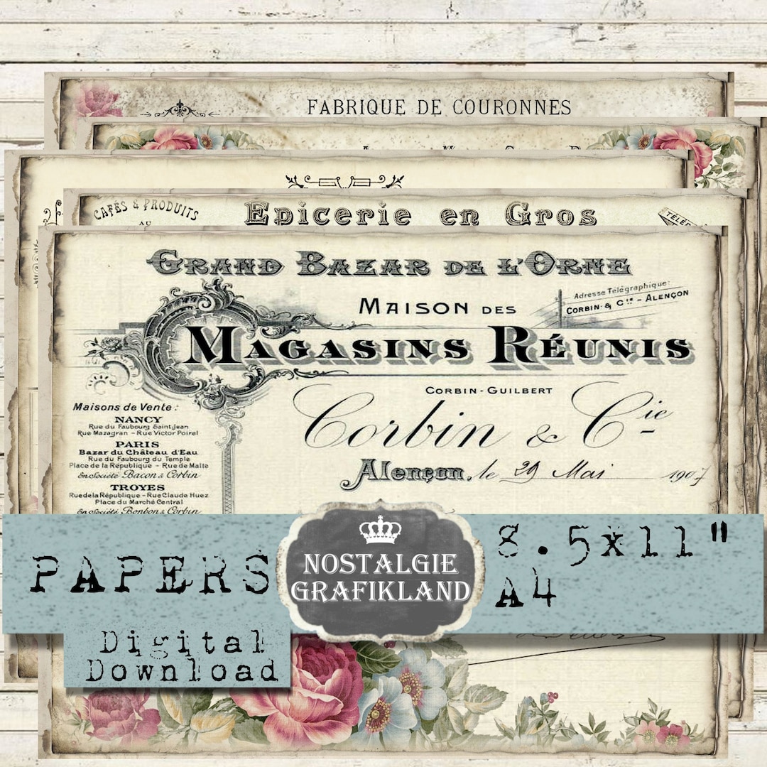 FRENCH DOCUMENTS Printable Papers Landscape Ephemera Roses Digital ...