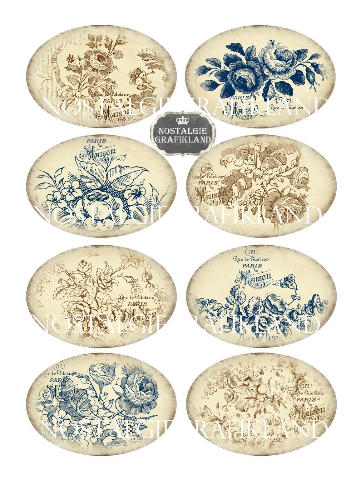 Sepia Blue Labels Printable Flowers Roses Antique Oval 3.5x2.5 Download ...