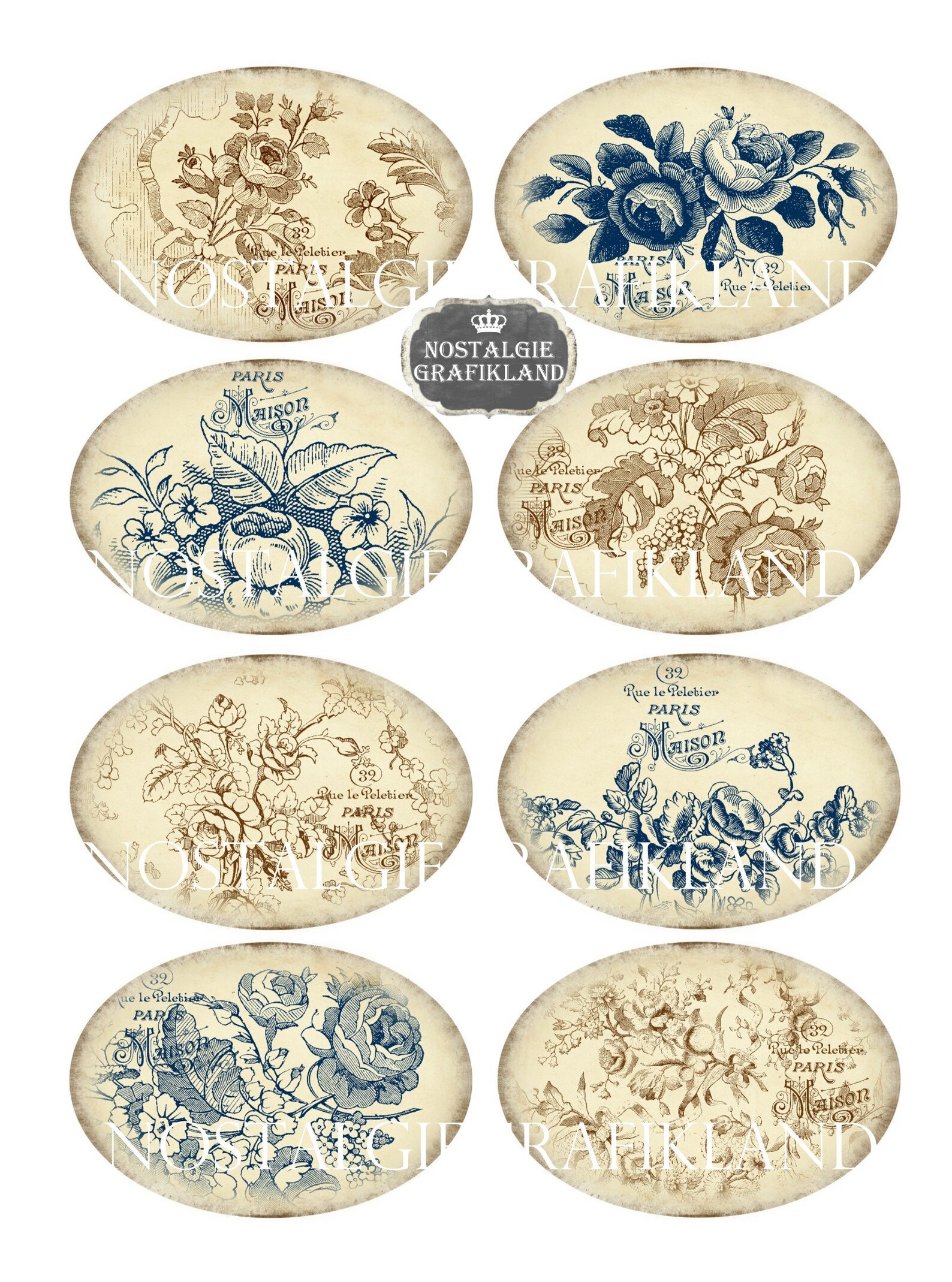 Sepia Blue Labels Printable Flowers Roses Antique Oval 3.5x2.5 Download ...