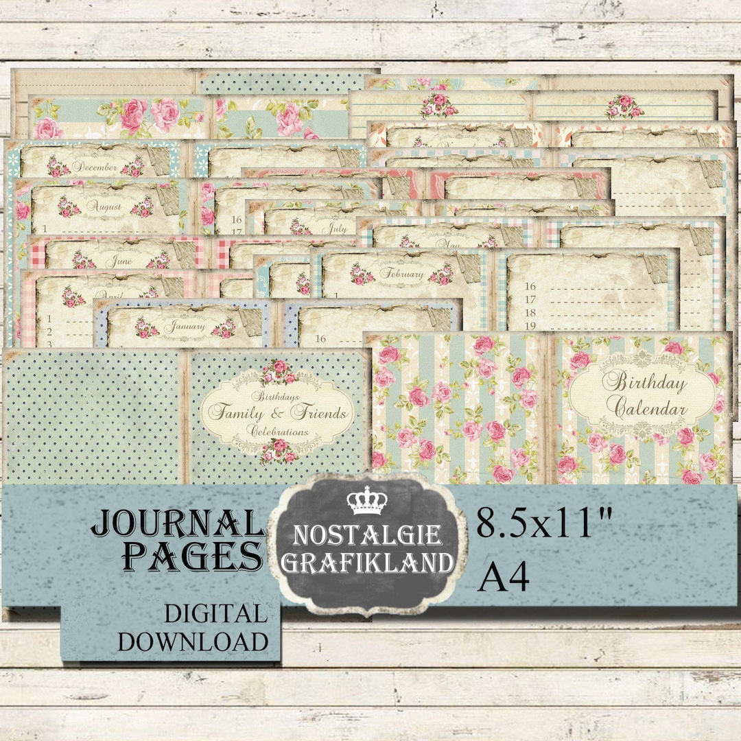 BIRTHDAY CALENDAR Shabby Chic Journal Pages Diary Date Book Junk ...