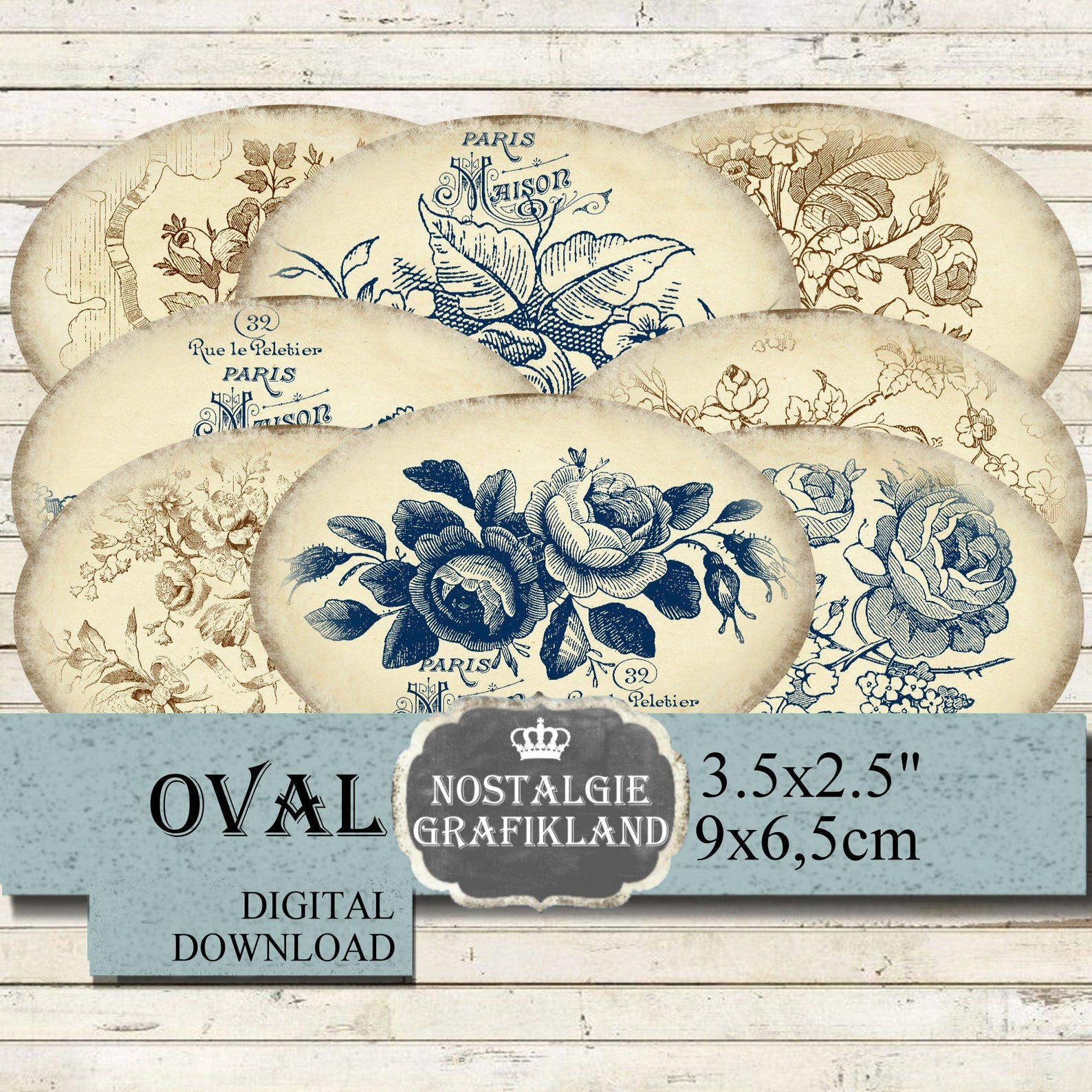 Sepia Blue Labels Printable Flowers Roses Antique Oval 3.5x2.5 Download ...