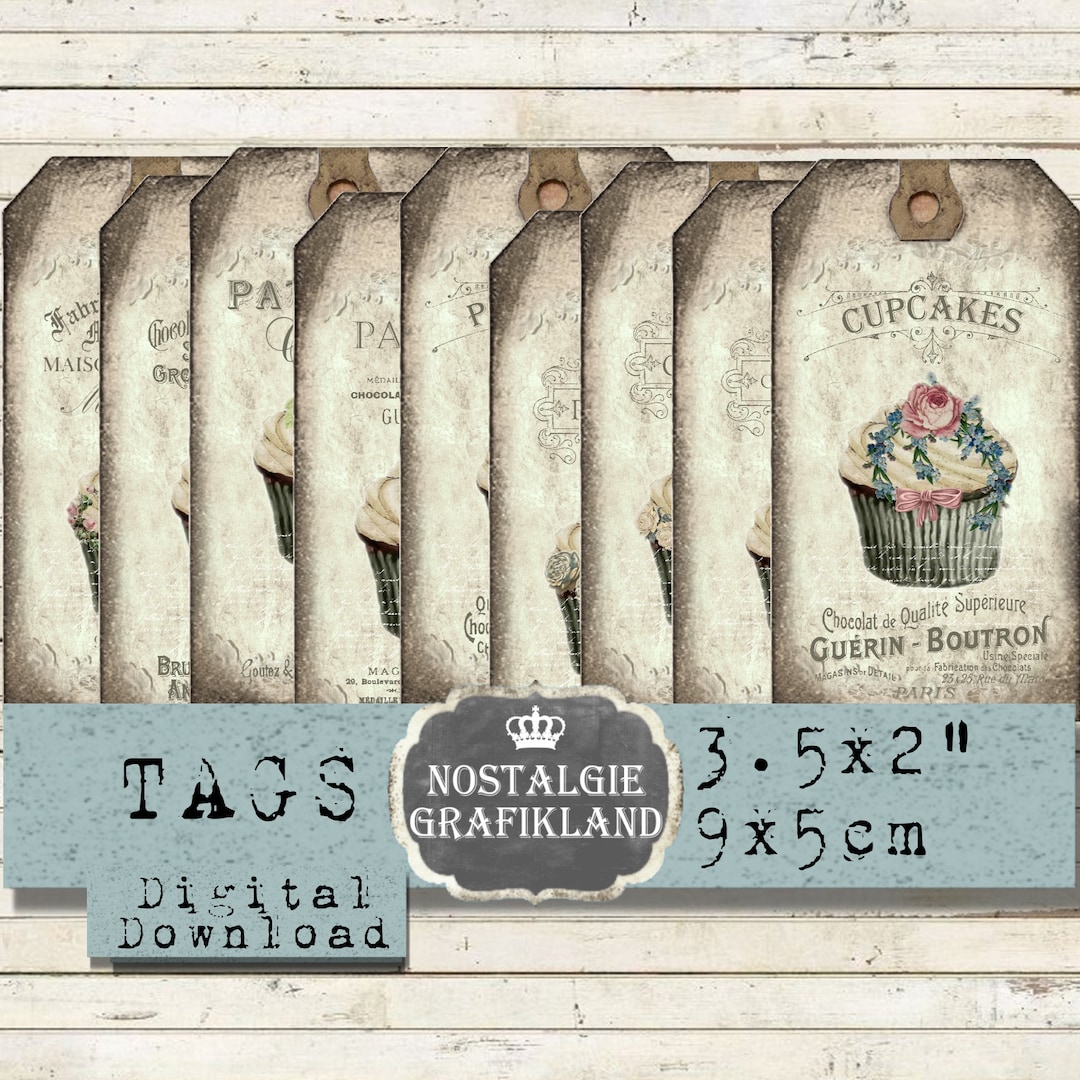 Cupcakes Digital Tags Patisserie Cakes Dessert Printable Muffins Bakery ...