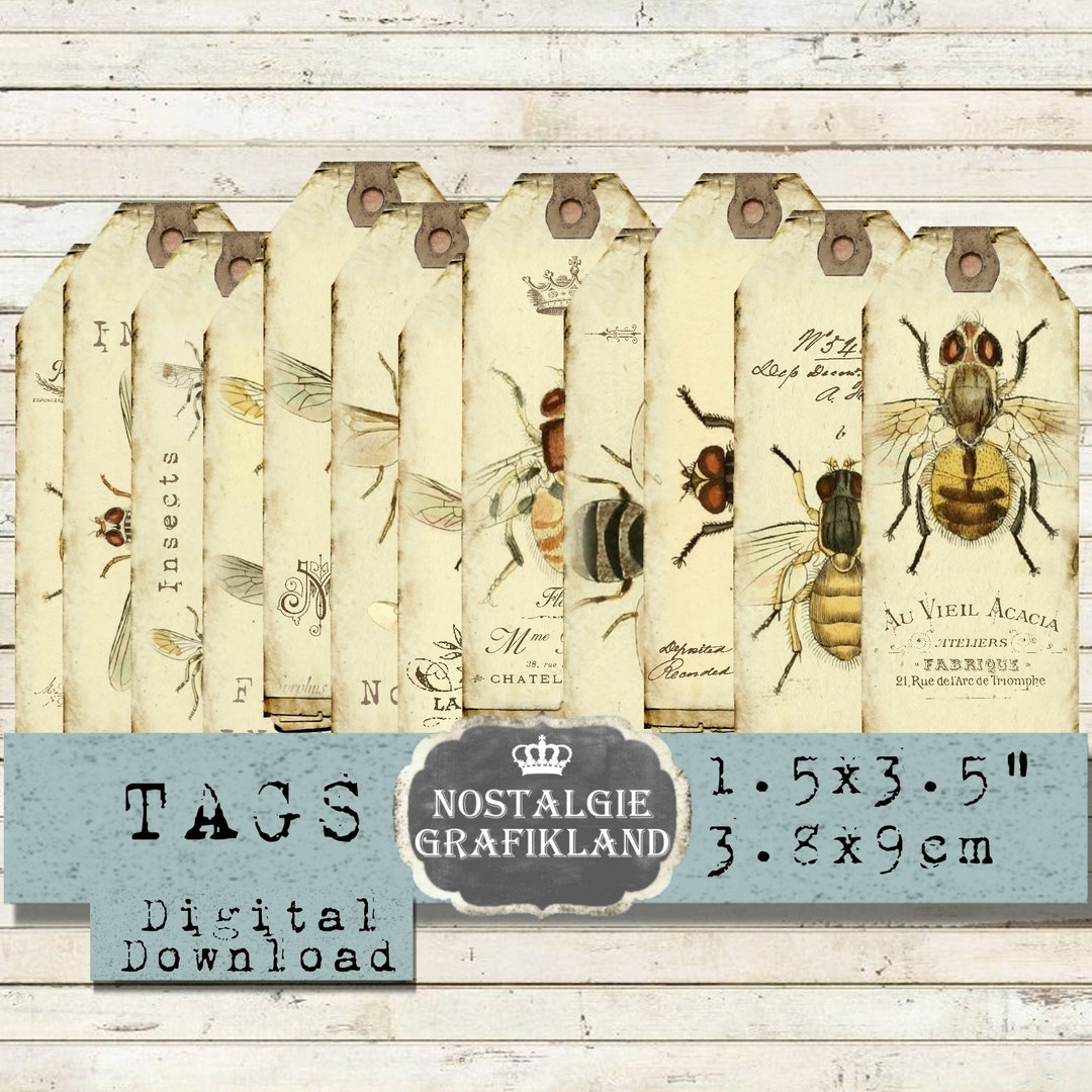 Insects Journal Tags Bee Vintage Printable Old Papers Narrow Tags ...