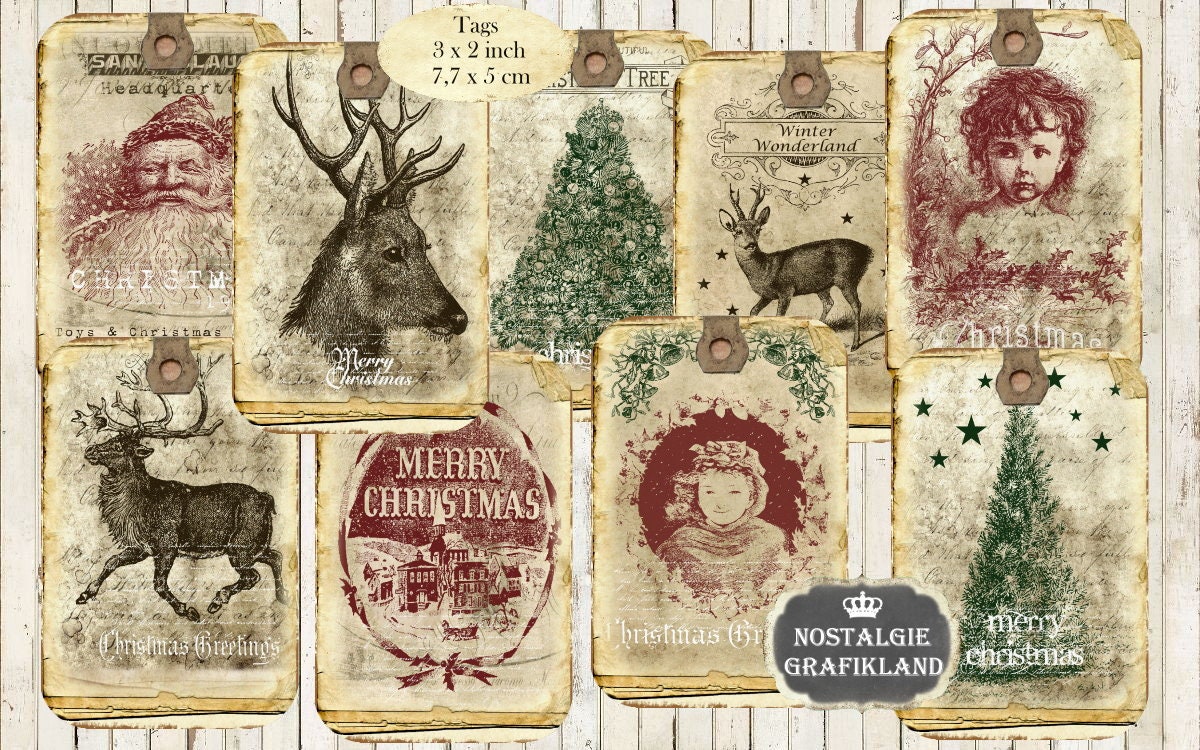 Old Christmas Tags Printable Old Paper Gift Tags Merry - Etsy