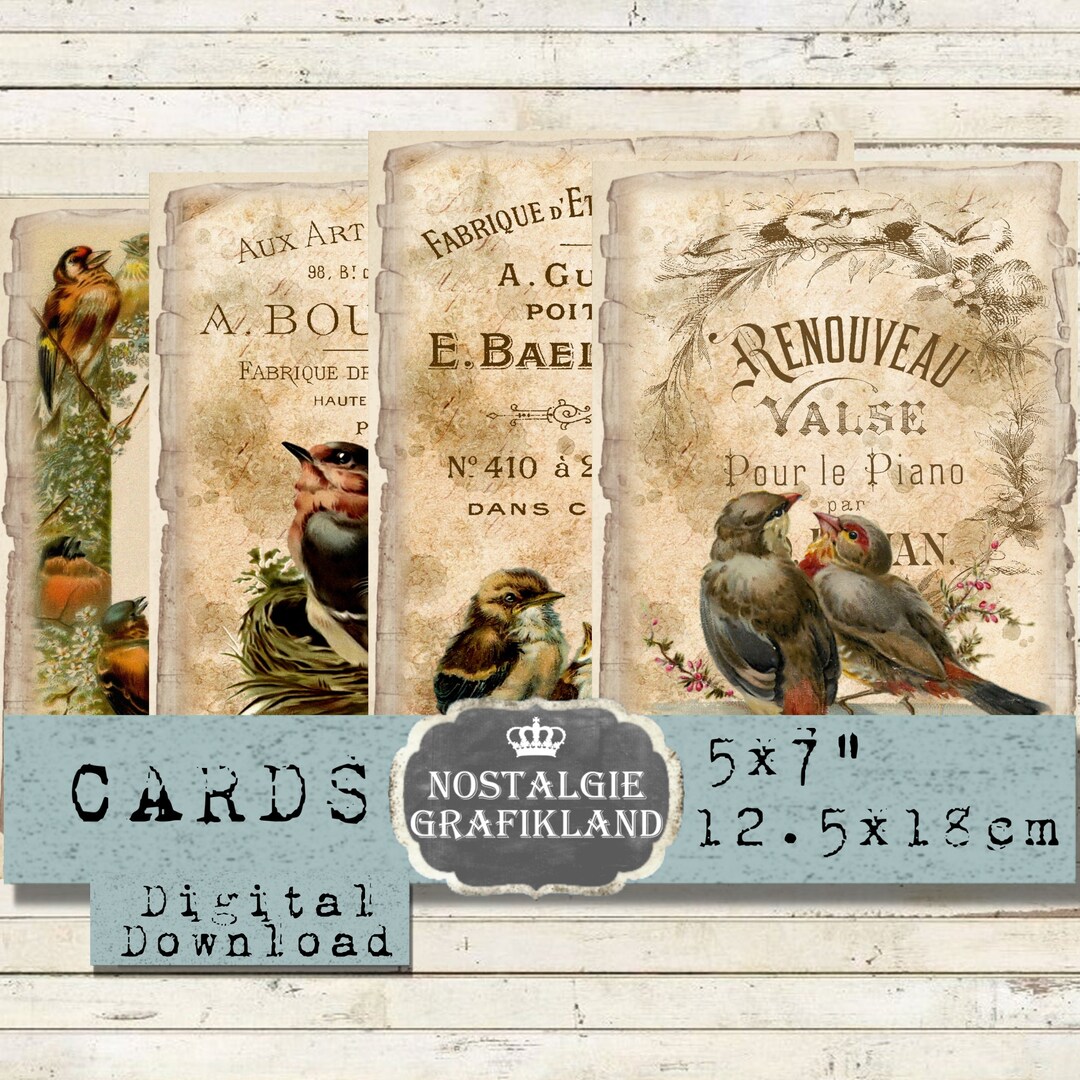 Birds Digital Cards Papers Printable Ornithology Vintage Bird Nest ...