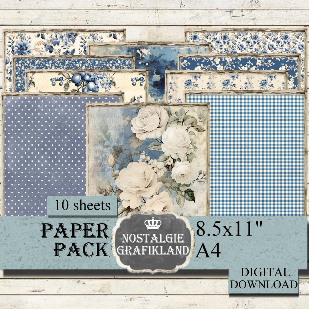 BLUE COLLECTION Printable Papers Digital Paper Pack Floral Background ...