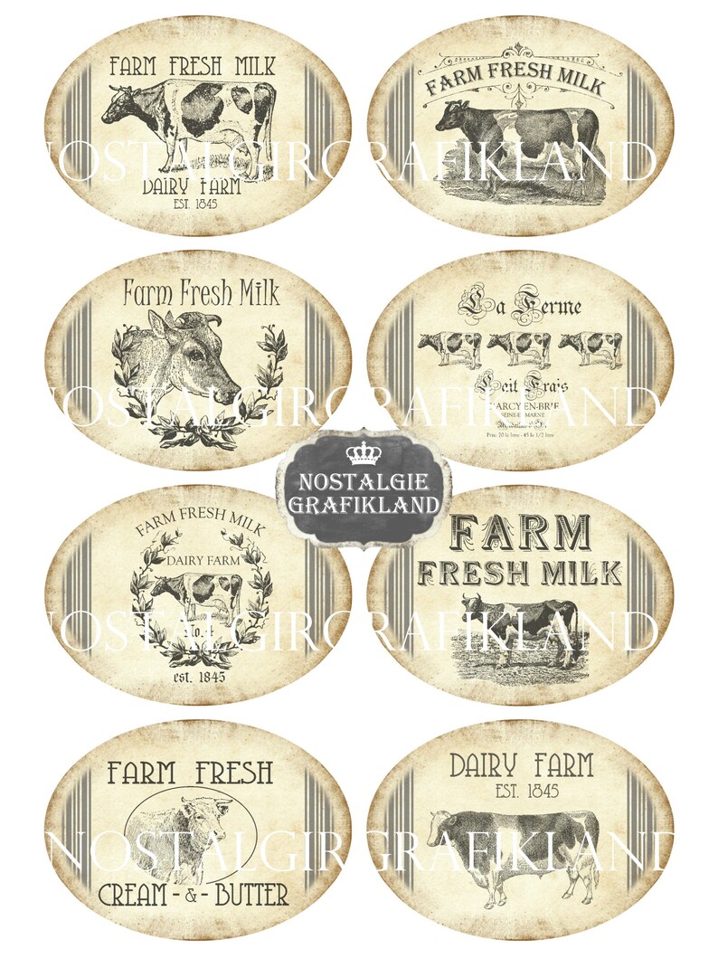 Farm Fresh Milk Cow Farming Labels Printable Ovals Journaling Download ...